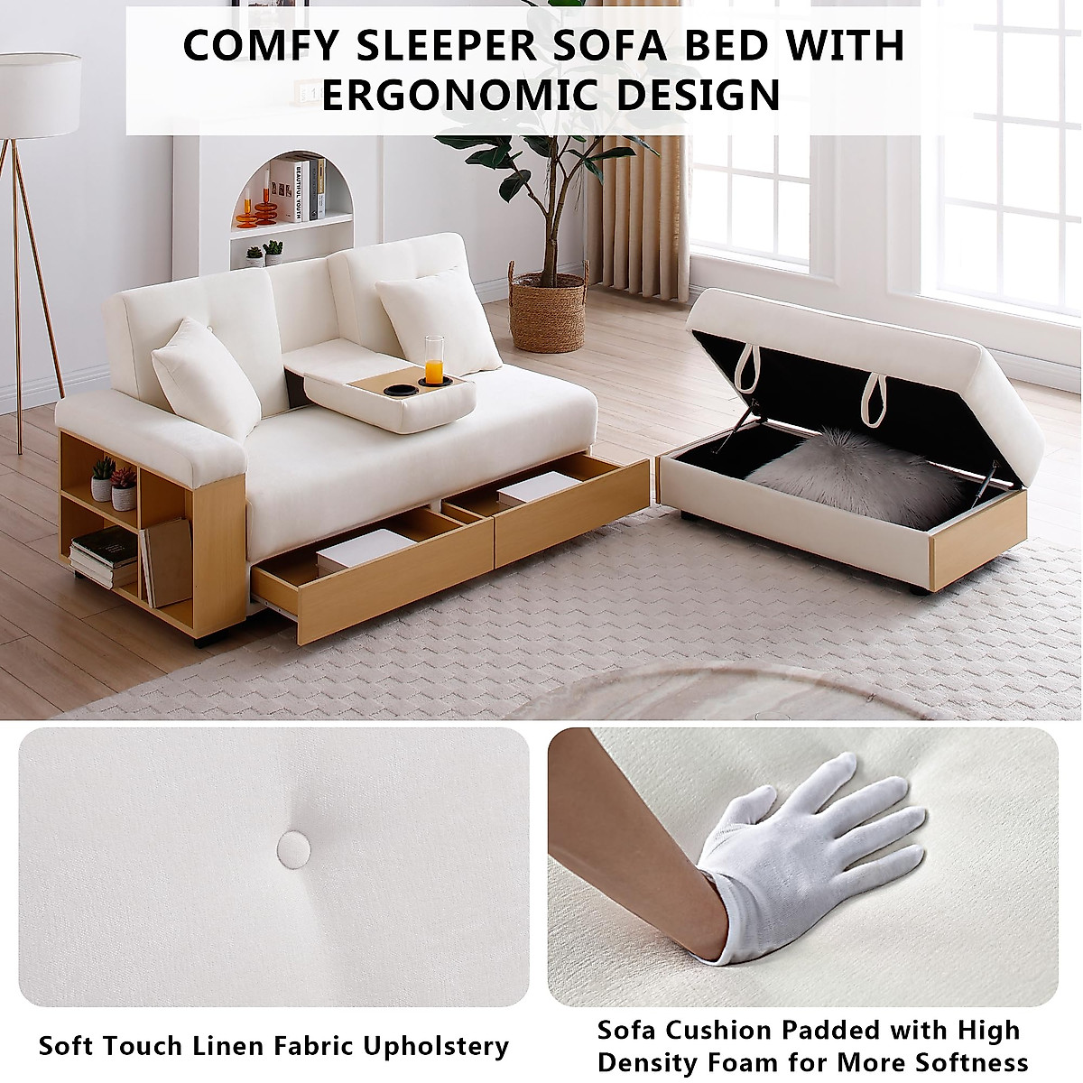 mikibama L-Shaped Sofa Couch with Storage Chaise & Arms,Convertible Sleeper Sofa Bed with Drawers,Linen Upholstered Small Couch Bed for Small Spaces,RV,Apartment,Bedroom. (Linen, Off White)