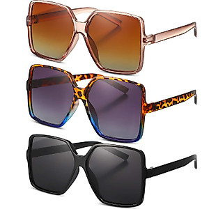 Frienda 3 Pairs Oversized Square Sunglasses for Women Big Large Wide Vintage Shades for Men Unisex (Black, Mixed Color, Champagne with Brown)