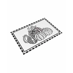 Outdoor Rug 4' x 6', Fall Thanksgiving Large Area Rugs for Patio/RV/Deck/Porch/Indoors, Black and White Checkered Pumpkin Water Absorption Camping Rug Carpet, Lightweight Washable Rug Runners