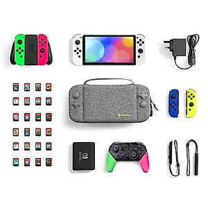 tomtoc Carrying Case for Nintendo Switch/OLED Model, Large Travel Switch Case with Pocket for Pro Controller, Joy con Grip or AC Adapter, Protective Portable Carry Case with 24 Game Cartridges