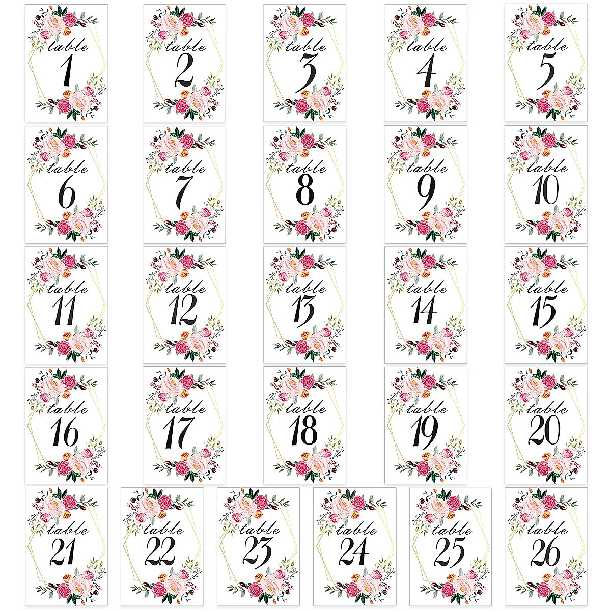 Floral Table Number Cards 1-26, Geometric Floral Table Cards - Double Sided 4 x 6 Card Stock, Table Numbers Cards for Wedding Decorations, Receptions, Party, Baby Showers, Special Event