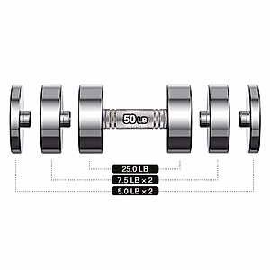 Adjustable Dumbbell 50lb Single (25lb/35lb/40lb/50lb) Ultracompact Chrome Weight Home Gym Workout Strength Training Exercise (Standard-Finish 50lb×1)