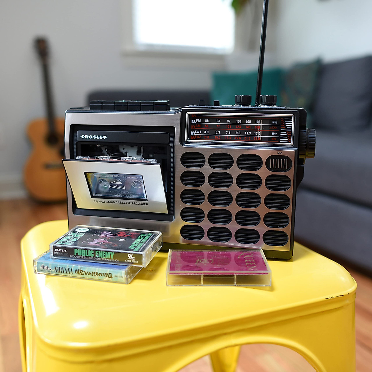 Crosley CT100B-SI Retro Portable Cassette Player with Bluetooth, AM/FM Radio, and Built-in Microphone, Silver