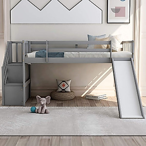 Low Loft Bed with Stairs for Kids and Toddlers Wood Loft Bed Frame with Slide Twin Loft Beds with Stairway Storage for Boys Girls, Gray