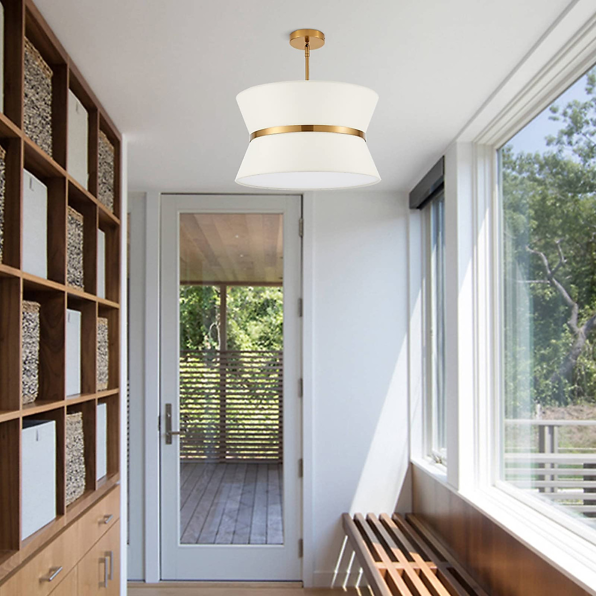 ELYCCUPA Modern Chandelier with Off-White Fabric Shade and Brass Finished Adjustable Pendant Light for Kitchen Island Living Room Bedroom Hallway, E26, Dia 18 Inch, UL Listed