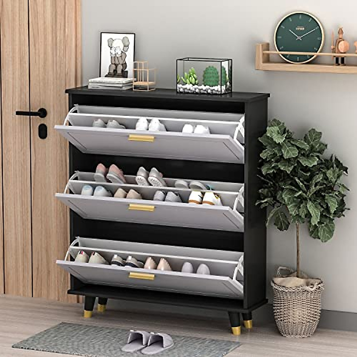 FAMAPY Entryway Shoe Storage Cabinet with 3 Flip Drawers, Wood Shoe Organizer for Entryway with Legs, Gold Handles, for Hallway Grey (35.4”W x 9.4”D x 47.2”H)