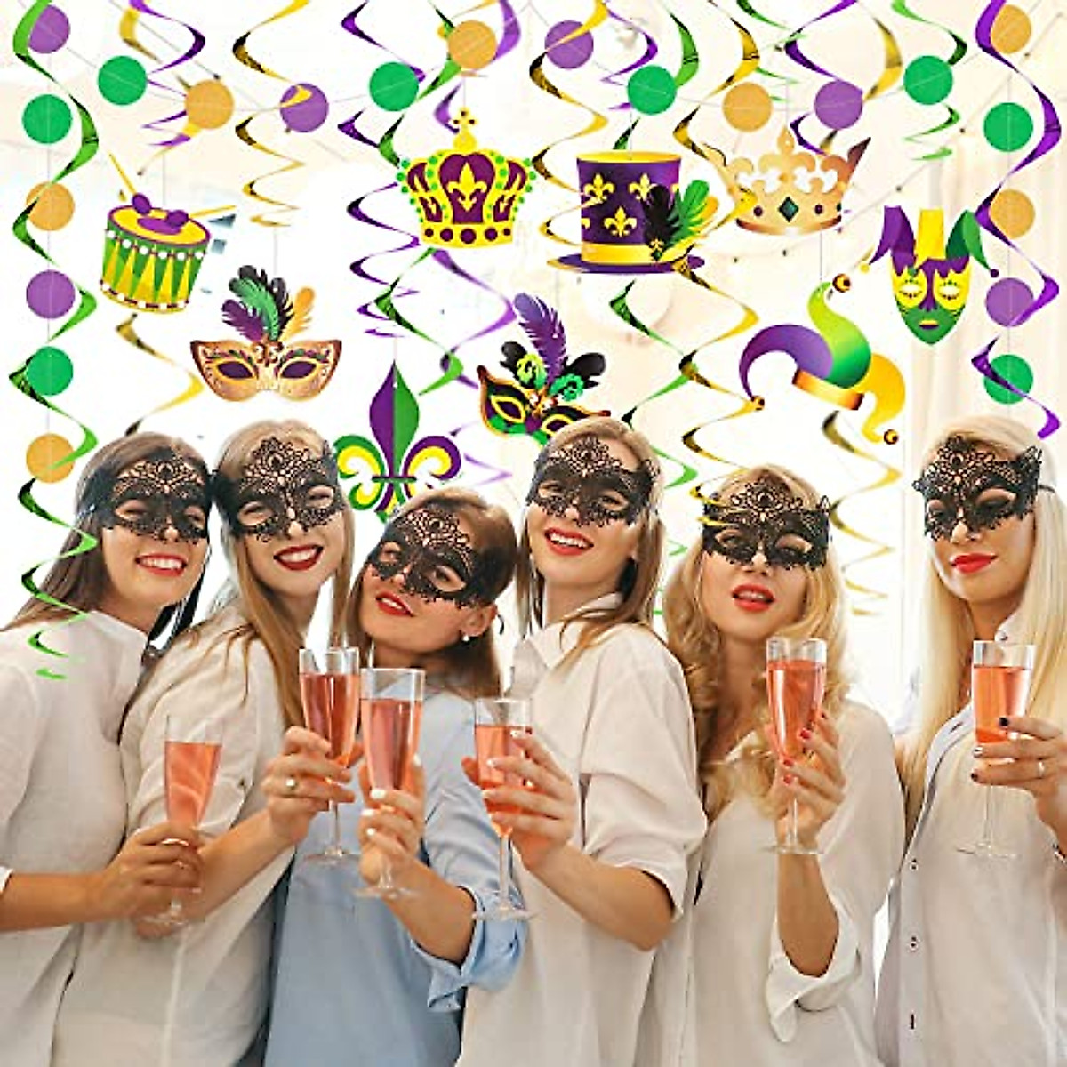 Mardi Gras Hanging Decorations - Mardi Gras Garland Crown Mask Sign for Masquerade Party Decorations Gold Green Purple Foil Swirl New Orleans Celebration Mardi Gras Party Supplies