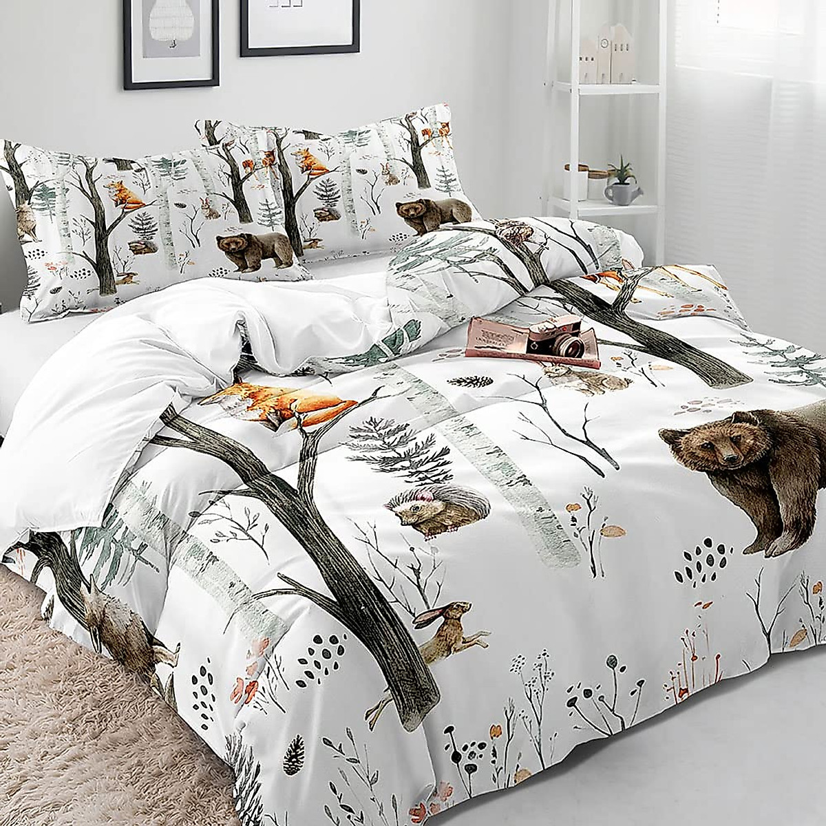 VIVIHOME 3PCS Cartoon Woodland Forest Animal Duvet Cover Full, White Bedding, Baby Boys Girls Kids Bedding, Bear Deer Fox Wolf Rabbit Wildlife Rustic Cabin Lodge Quilt Comforter Cover, 2 Pillowcases