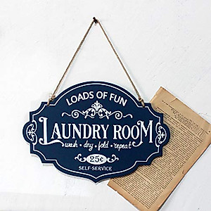 BetyHom 13×9 In Distressed Blue Wooden Laundry Room Wall Decor Sign Self Service Laundry Signs with Hang Rope