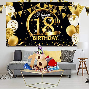Birthday Party Decoration Extra Large Fabric Black Gold Sign Poster for Anniversary Photo Booth Backdrop Background Banner, Birthday Party Supplies, 72.8 x 43.3 Inch (18th)
