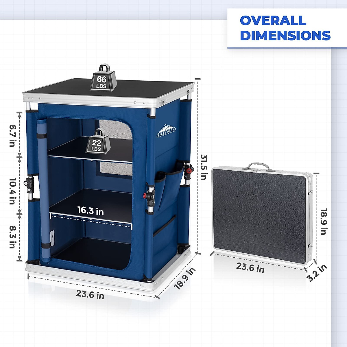 EAGLE PEAK Outdoor Camping Pop Up Folding Table with Large 3-Tier Storage Organizer and Side Pockets, Easy Set Up Portable Lightweight Aluminum Camping Kitchen, Blue