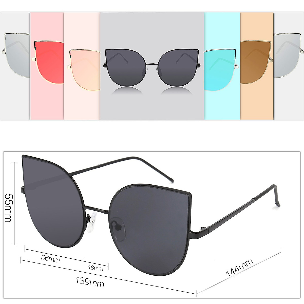 SOJOS Cat Eye Mirrored Flat Lenses Ultra Thin Light Metal Frame Women Sunglasses SJ1022 with Black Frame/Grey Lens