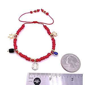 LESLIE BOULES Saint Benedict Protection Red Bracelet for Women Lucky Multi Charms & Genuine Azabache Pendant