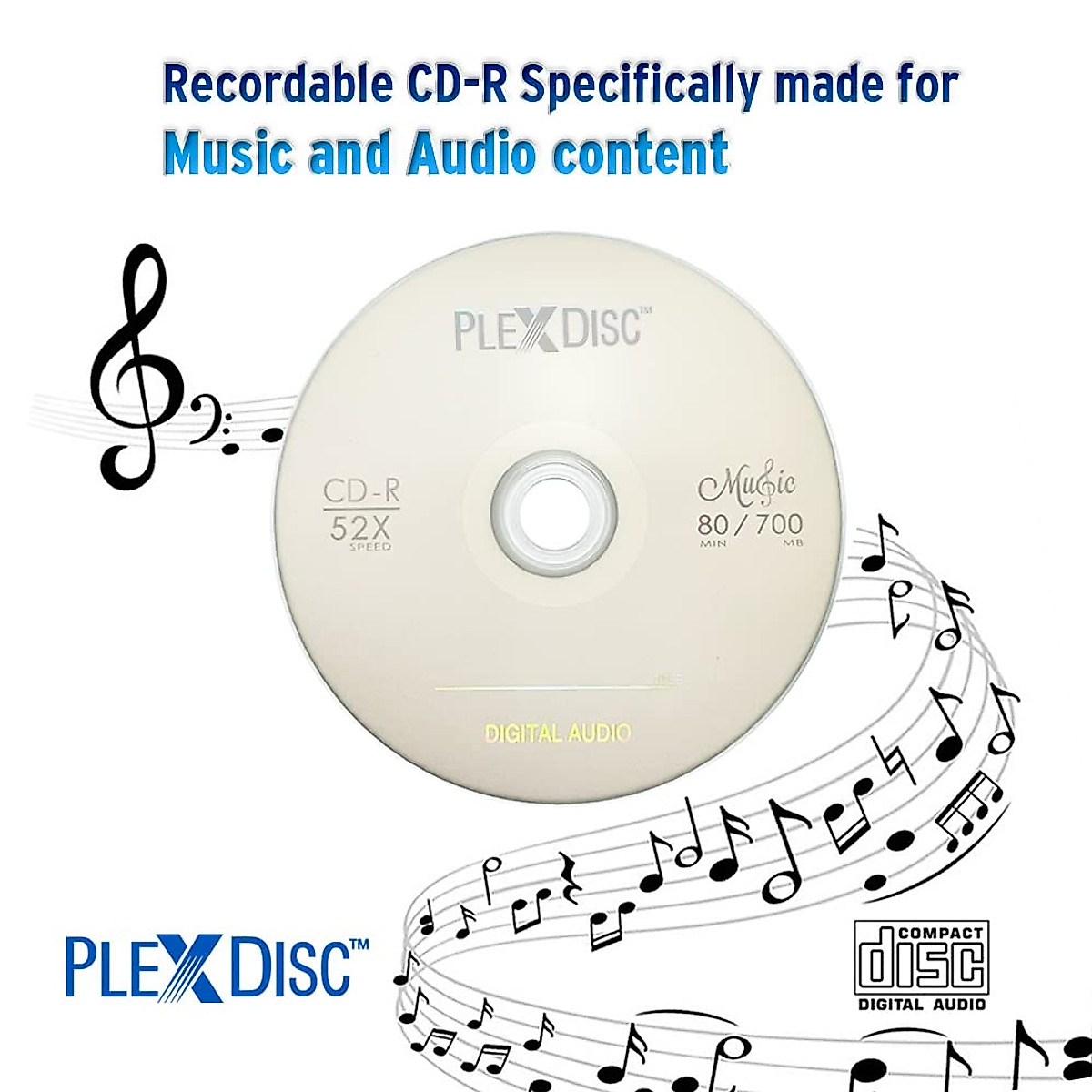 100 PK PlexDisc 52x 700 MB Digital Audio Music CD-R Disc for Reliable Audio Recording and Playback