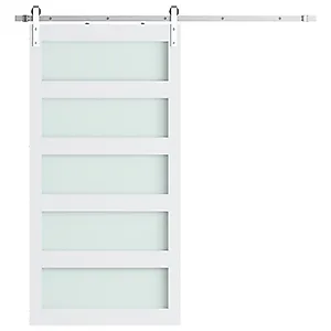 SmartStandard 42 x 84 inch Glass Barn Door with 7FT Brushed Nickel Sliding Hardware Track Kit, Waterproof PVC Coating, White, 5-Panel Glass