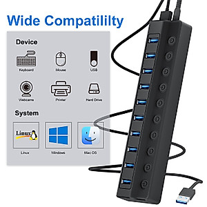 ONFINIO USB Hub 3.0 Powered, 6 Ports USB Hub Splitter (4 High Speed Data Transfer Ports + 2 Smart Charging Ports) with Individual On/Off Switches and 48W Power Adapter for Mac Pro/Mini, PC, HDD, Disk
