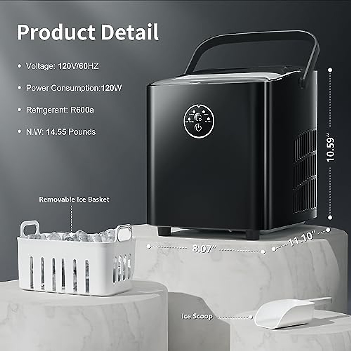 Antarctic Star Countertop Ice Maker Portable Ice Machine with Handle,Self-Cleaning Ice Makers, 26Lbs/24H, 9 Ice Cubes Ready in 6 Mins, S/L, for Home Kitchen Bar Party (Black)