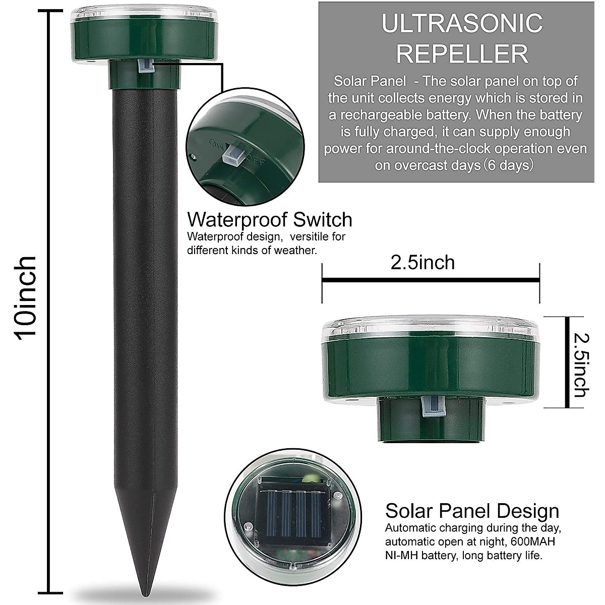 JL JIA LE Solar Mole Repellent 8 Pack Outdoor Ultrasonic Gopher Control Spikes Waterproof Sonic Device Ultrasonic Gopher Repellent