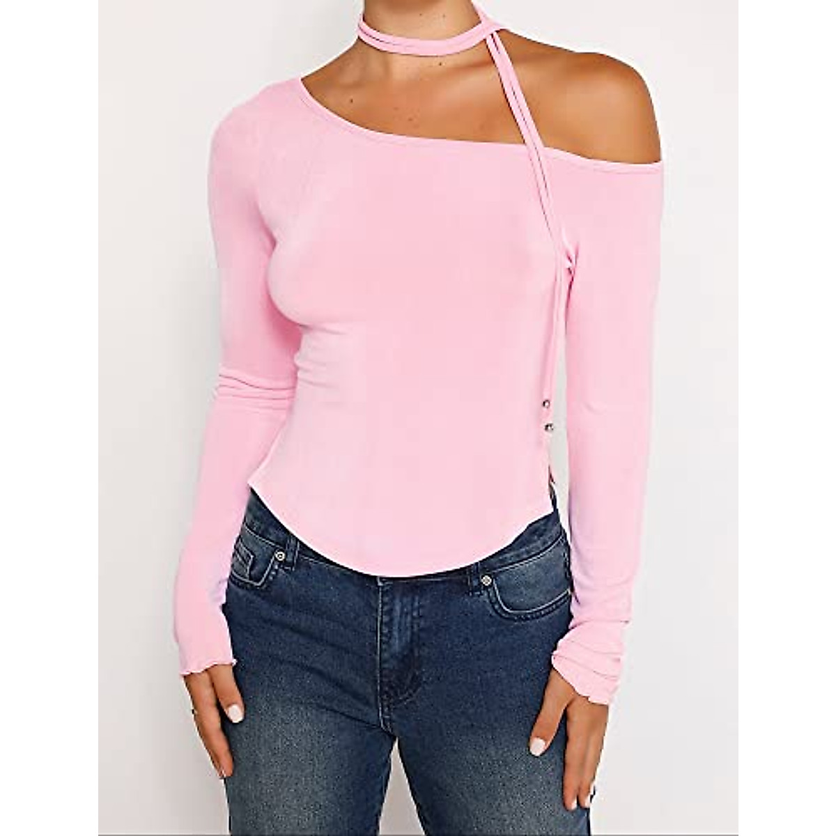 Women's Square Neck Long Sleeve Top Basic Slim Fitted T-Shirt Crop Top Sexy Solid Lace Tee Chic Y2k Aesthetic Clothes