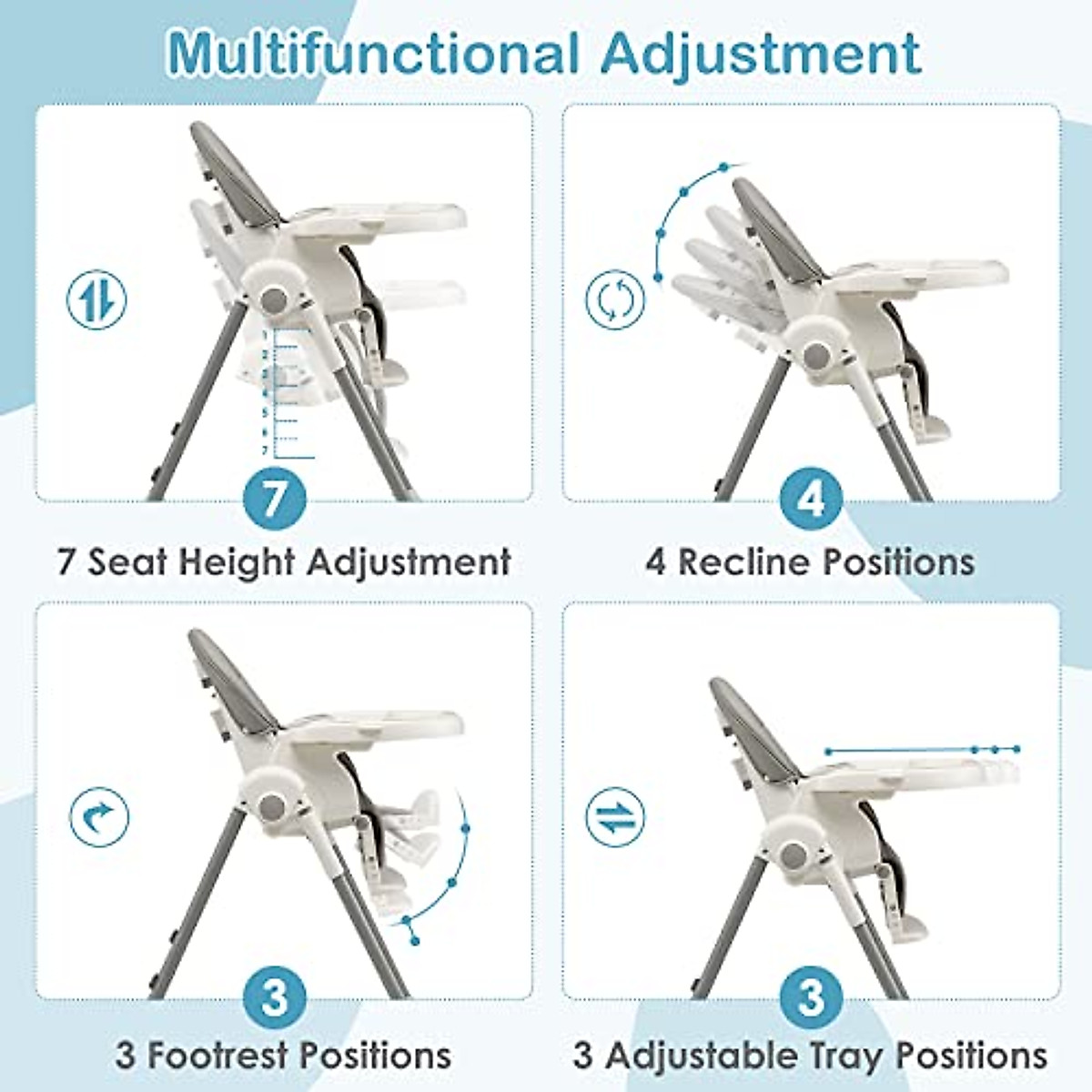 INFANS High Chair for Babies and Toddlers, Foldable Highchair with 7 Different Heights 4 Reclining Backrest Seat 3 Setting Footrest, Removable Tray Built-in Rear Wheels with Locks (Grey)