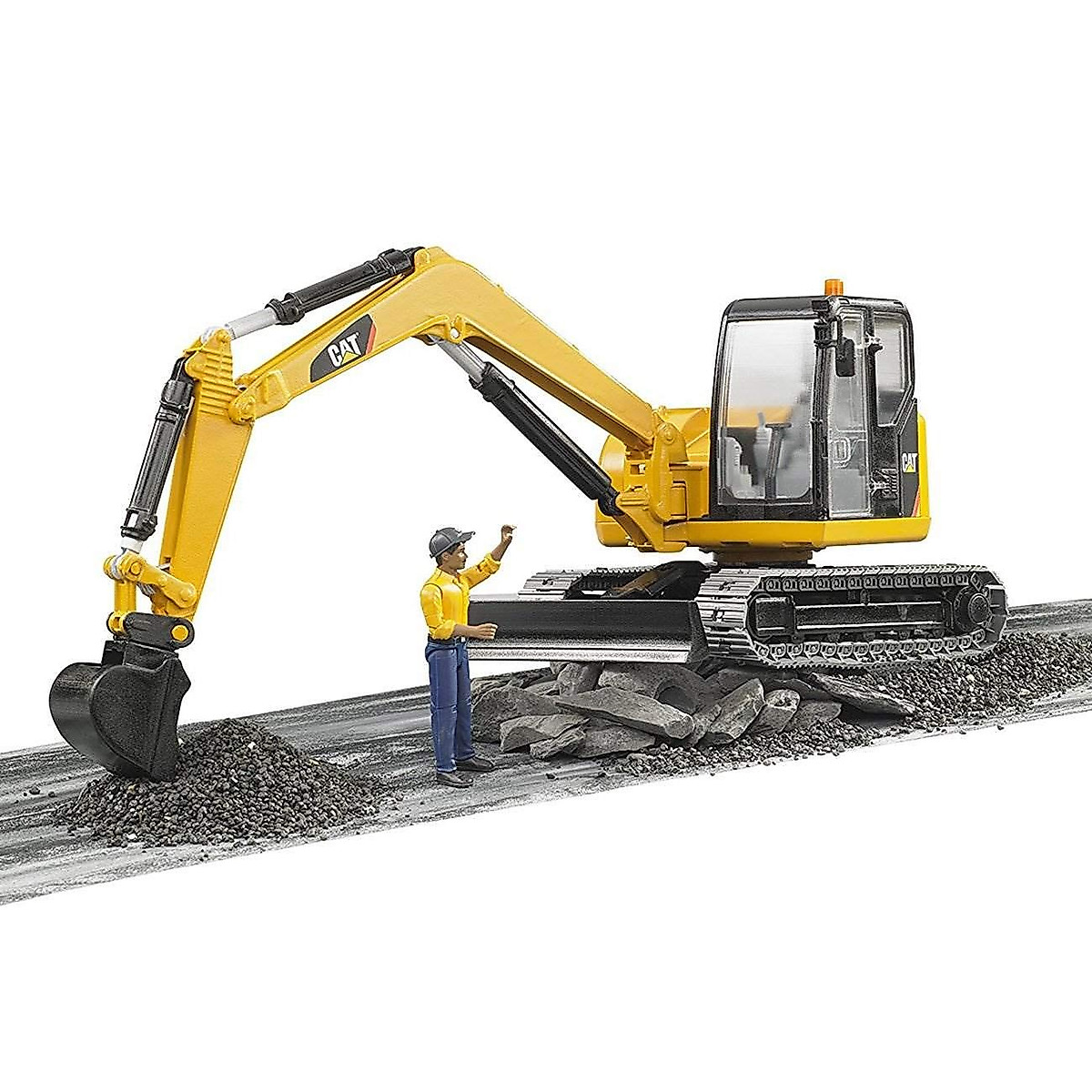 Bruder CAT Mini Excavator Construction Digger Toy with Worker, 1:16 Scale, Realistic Working Parts