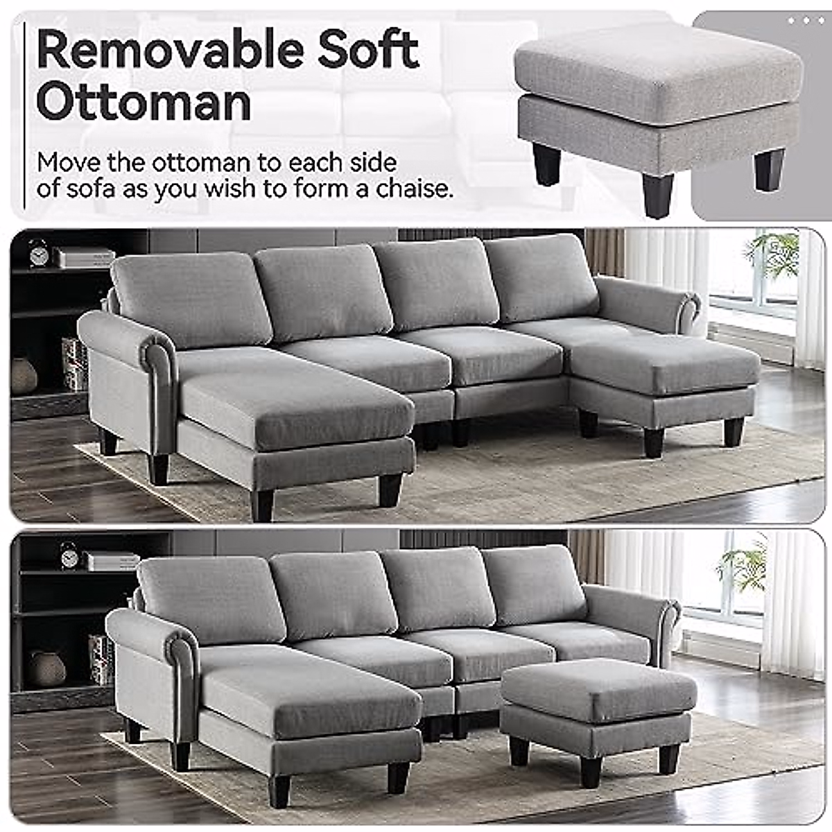 Olela U Shaped Modular Sectional Sofa for Living Room, Oversized Deep Seat Sofa Modern Linen Upholstered Sectional Couch with Chaise Lounge and Comfy Backrest (Light Gray)