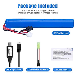 OooSure 2 pcs 7.4V Batteries 2000mAh for SRB1200 SRB400 SRB400-SUB MP5K M4 M110 for Hobby Remote App Controlled Vehicle Water Bead Blaster Airsoft Gun with 2S USB Charger and Mini Tamiya Switch Cable