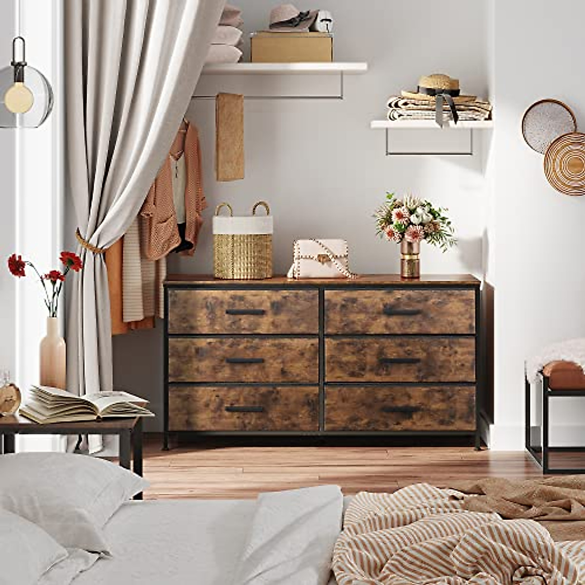 WLIVE Wide Dresser with 6 Drawers, TV Stand for 60" TV, Fabric Double Dresser, Large Storage Tower Unit, Chest of Drawers for Bedroom, Closet, Living Room, Hallway, Nursery, Rustic Brown