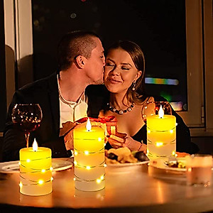 Won't Melt Flameless Candles,with Starry String Lights, Waterproof，Outdoor Indoor Battery Operated LED Candles with Remote Timers, Moving Flame, Ivory Paraffin Plating Plastic, Set of 3