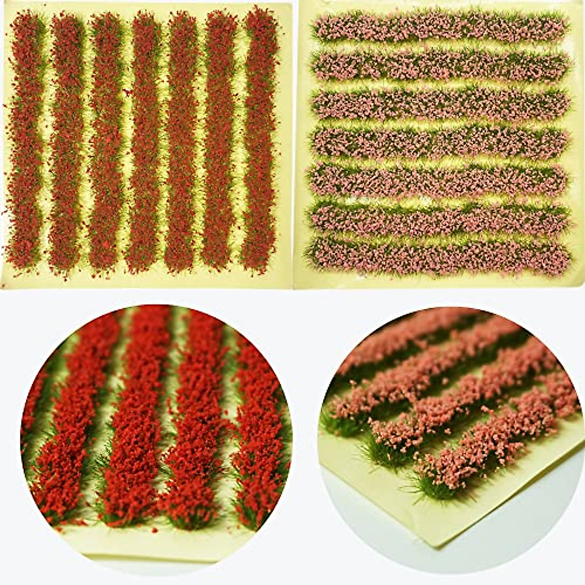 Cayway 2 Color Miniature Shrub Strips Static Shrub Vegetation Groups DIY Miniature Colorful Flower Cluster Static Grass Tuft for DIY Model Train Landscape Railroad Scenery, Pink and Red