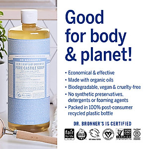 Dr. Bronner's - Pure-Castile Liquid Soap (Baby Unscented, 32 ounce) - Made with Organic Oils, 18-in-1 Uses: Face, Hair, Laundry and Dishes, For Sensitive Skin and Babies, No Added Fragrance, Vegan