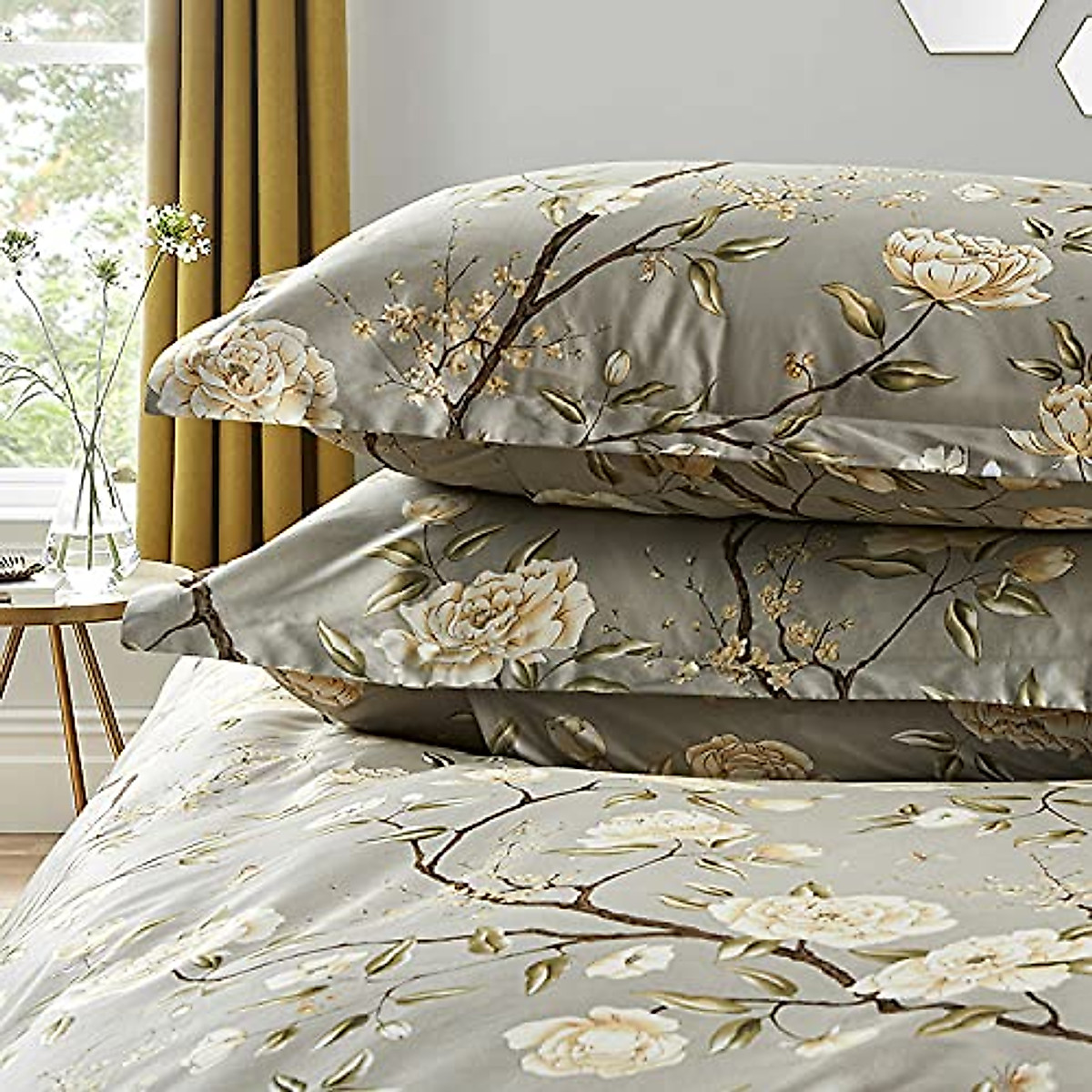 Get Bed Ready Vintage Botanical Bedding Garden Camellia Flower Print 400tc Cotton Sateen French Country Style Duvet Cover Set (King, Agate Grey)