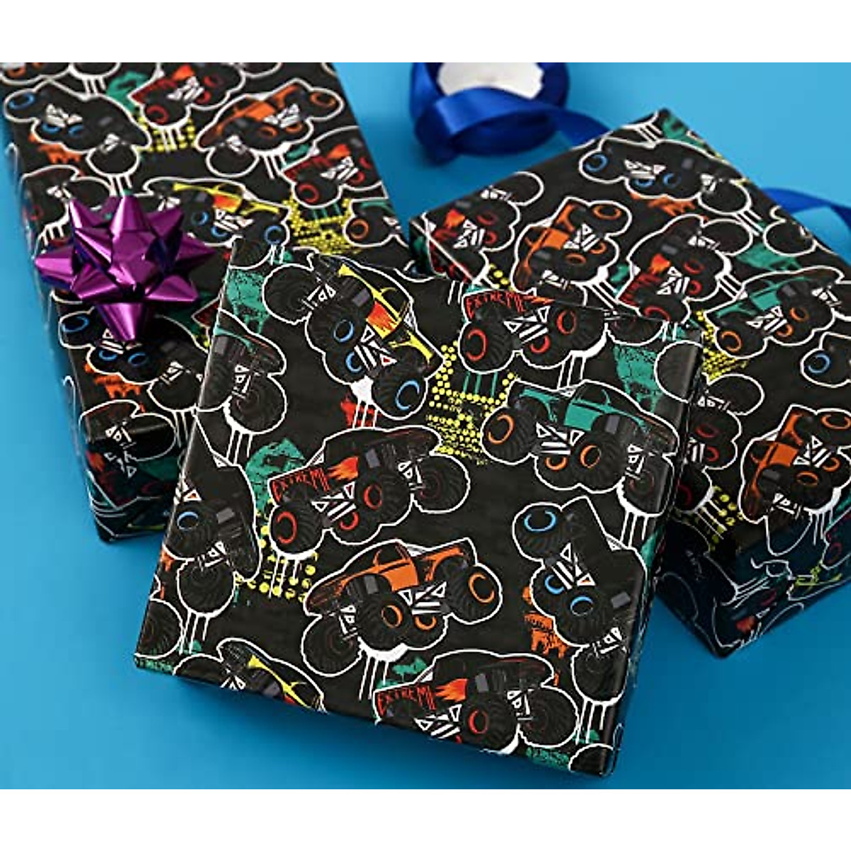U'COVER Monster Truck Birthday Wrapping Paper for Kids Boys 3-Large Black Racing Car Gift Wrapping Paper for Men Baby Shower Holiday with Cut Line Folded Flat Gift Wrap Sheet 27 * 39.4inch