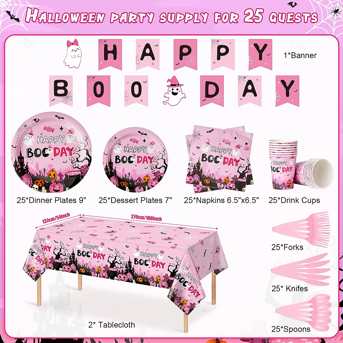 Halloween Happy Boo Day Baby Shower Party Decorations,Pink Ghost Pumpkin Disposable Tableware Paper Plates Napkins Cups Tablecloth Banner for Girl Halloween Birthday Baby Shower Party Supplies,Serve25