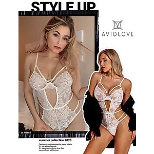 Avidlove Lingerie for Women Sexy Naughty White Lingerie Bridal Lingerie Teddy Deep V Sexy Lace Bodysuit L