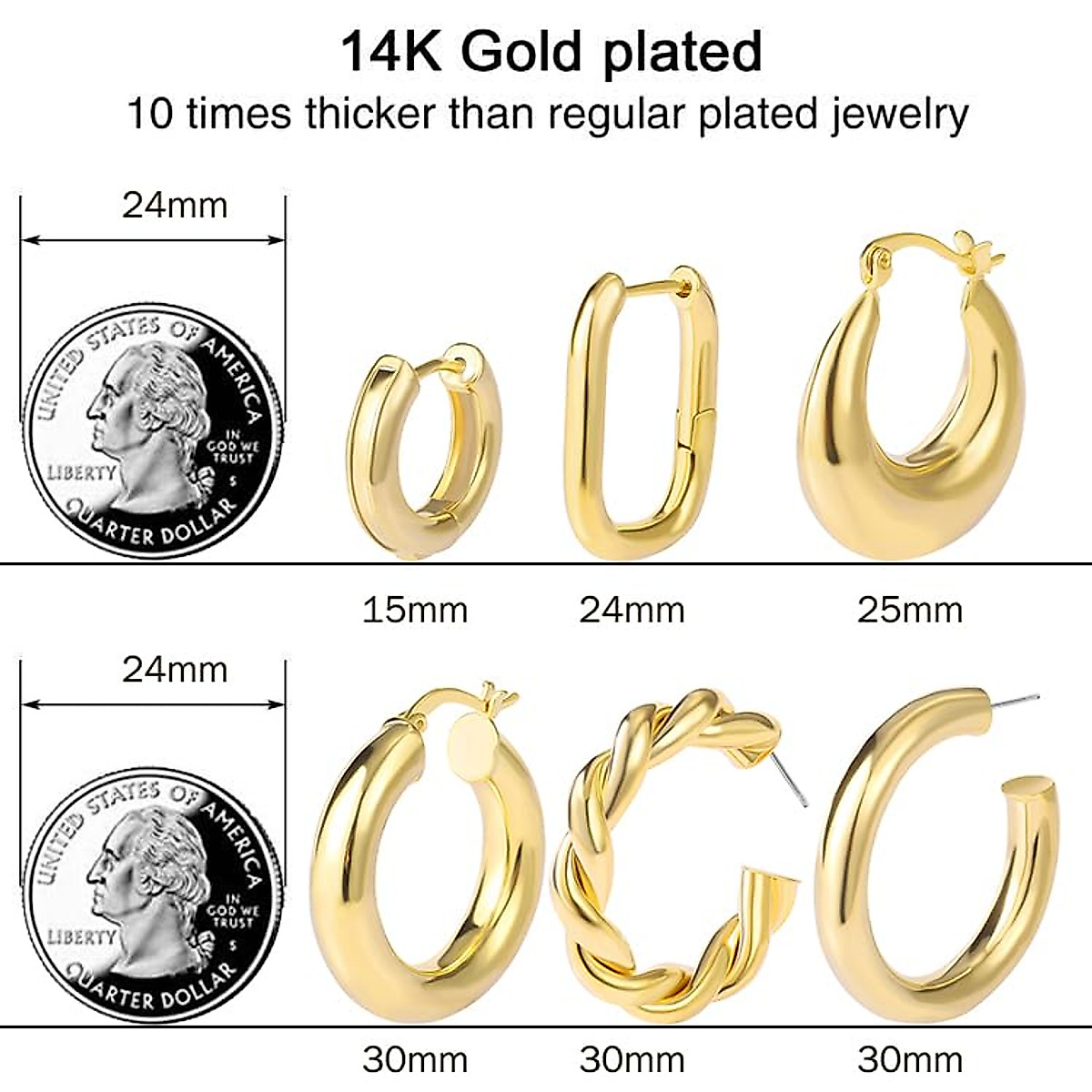 6 Pairs Chunky Gold Hoop Earrings Set for Women 14K Gold Plated Hypoallergenic Thick Open Huggie Hoop Set Jewelry for Gifts