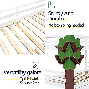 Altillo Twin Over Twin Bunk Bed with a Tree Decor and Two Storage Drawers, Wooden Twin Bunk Beds for Teens/Adults, Low Bed Frame Bedroom Furniture with Safety Guard Rails, No Box Spring Required