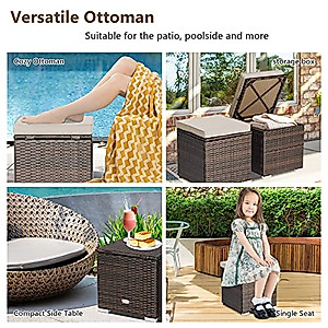 Tangkula 2 Pieces Patio Ottomans, Patiojoy Hand-Woven PE Rattan Side Table with Removable Cushion & Hidden Storage Space, Multifunctional Storage Box, Seat for Patio, Backyard, Poolside (Beige)