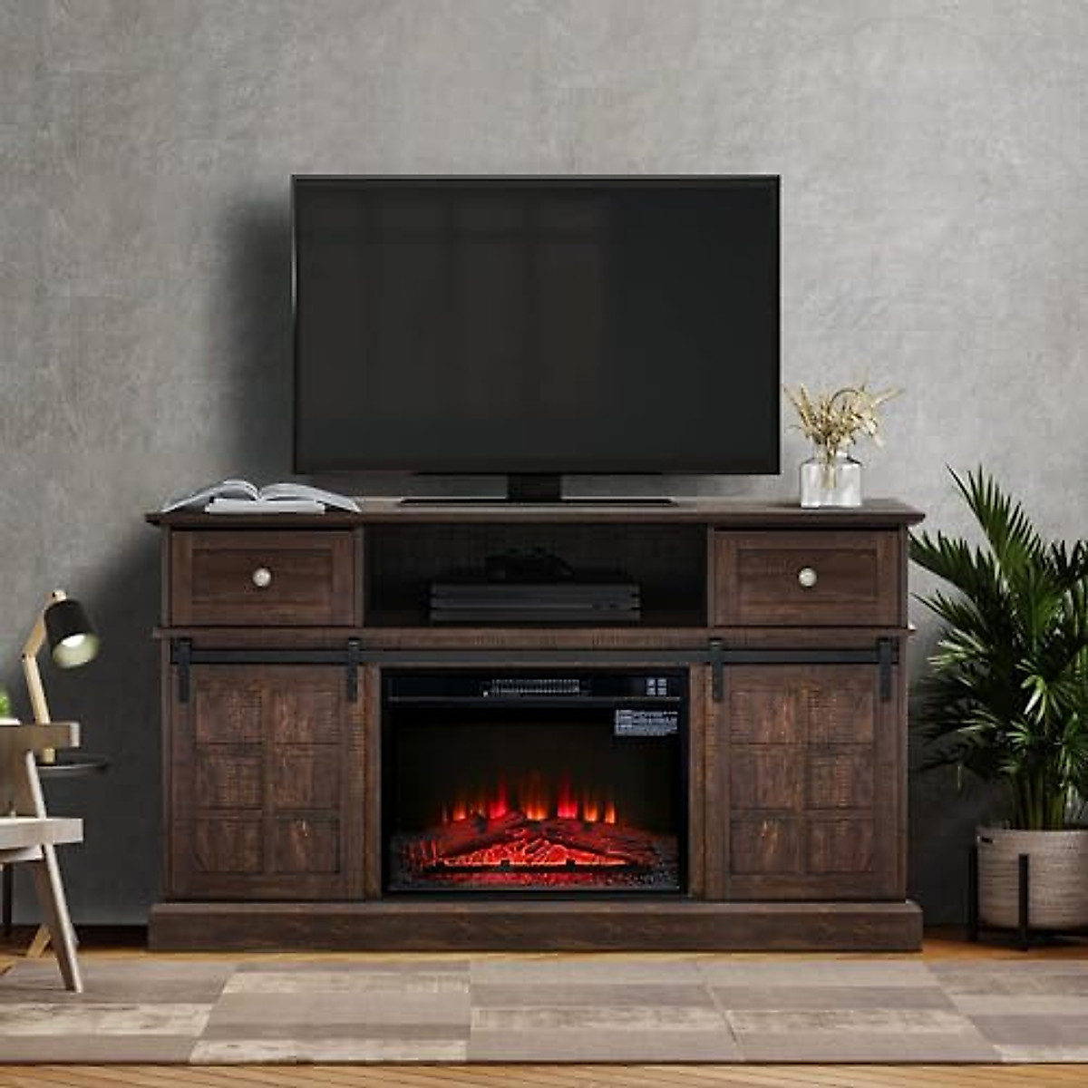 LGHM Fireplace TV Stand, Entertainment Center for 65 Inch TV, 58" Farmhouse TV Stand with 23" Electric Fireplace, Tall Entertainment Stand with Sliding Barn Door, Espresso