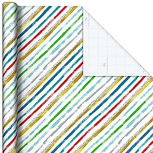 Hallmark Recycled Wrapping Paper with Cutlines on Reverse (3 Rolls: 60 Sq. Ft. Ttl) Red, Blue, Green, Gold Stripes, Candles, Happy Birthday" for Kids and Adults