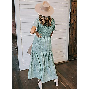Zattcas Womens 2023 Spring Summer Smocked Tiered Boho Floral Long Maxi Dresses Casual Short Sleeve Modest Flowy Church Maternity Wedding Guest Dress Light Green M