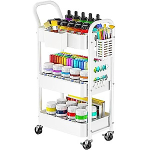 Pipishell 3-Tier Rolling Cart, Metal Utility Cart with Pegboard, Lockable Wheels & U-Shaped Handle, Storage Cart with 2 Hanging Cups & 4 Hooks for Living Room, Bedroom, Kitchen, Office (White)