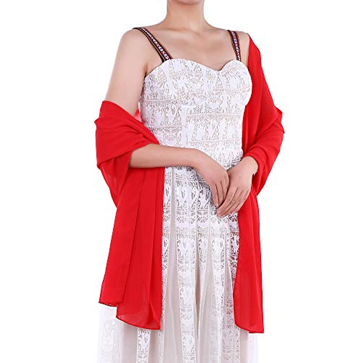 WILLBOND Womens Shawl Chiffon Bridal Evening Soft Wrap Scarf, Chiffon Scarf Ribbon Scarf Satin Scarf for Evening Dresses(L,Red)