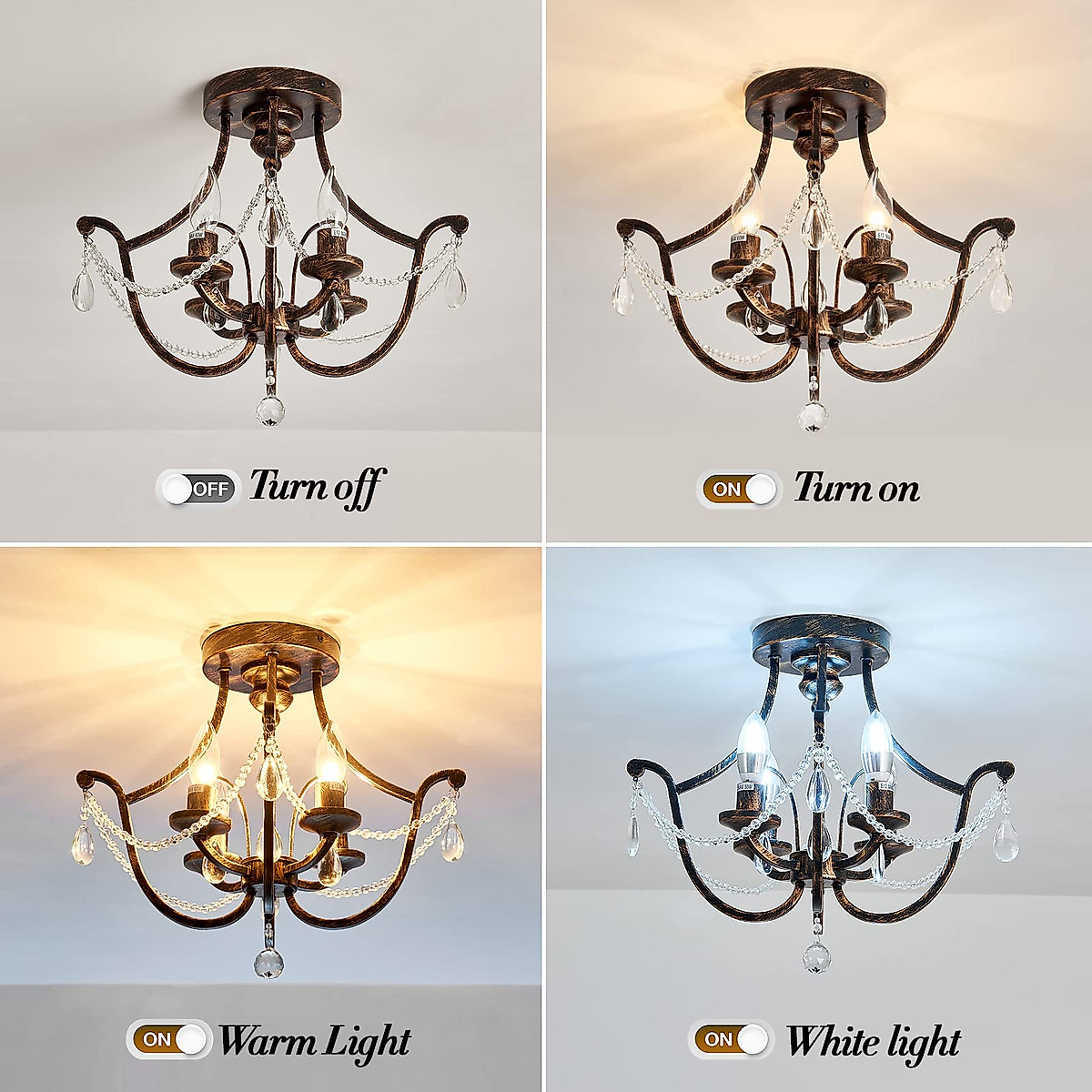 UOFUS Vintage Semi Flush Mount Crystal Chandelier Oil Rubbed Bronze 4-Light Small Metal Ceiling Light Fixture Farmhouse Ceiling Lamp for Foyer Kitchen Entryway Hallway Bathroom Bedroom Dining Room
