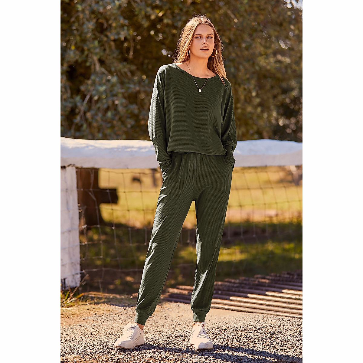 PRETTYGARDEN Women's Spring Fall Fashion Outfits 2 Piece Sweatsuit Long Sleeve Pullover Long Pants Ribbed Matching Lounge Set (Army Green,Large)