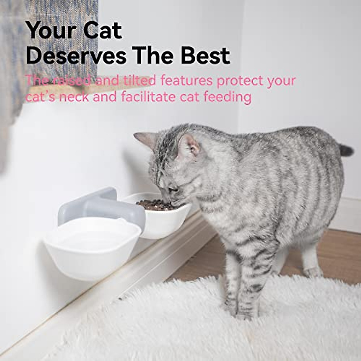 Cat Food and Water Bowls Set, Adjustable Elevated Cat Bowls, Hanging Cat Food Bowls,Wall Mounted Cat Water Bowl No Spill with 8.5 oz Each, Anti Vomiting,Dishwasher Safe,White