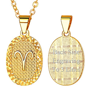 FOCALOOK Custom Aries Gold Necklace for Women Oval Shaped Carved Medallion Constellation Zodiac Sign Jewelry 20-22"