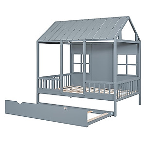 Bellemave Full House Beds with Trundle and Rails Wooden Kids Montessori Bed with Wall and Windows Wood Playhouse Tent Bed Frame for Girls Boys, Full Size, Gray