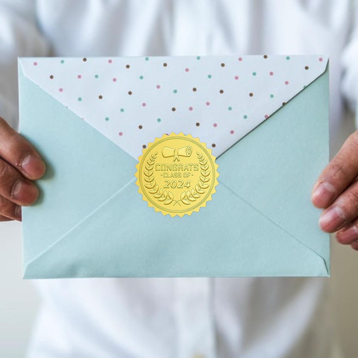 Lucleag 360 PCS Embossed Graduation Envelope Seals Stickers, 2024 Gold Foil Self Adhesive Graduation Diploma Grad Hat Sealing Stickers for Envelopes Candy Graduation Party Favor Decal, 1.5 inch