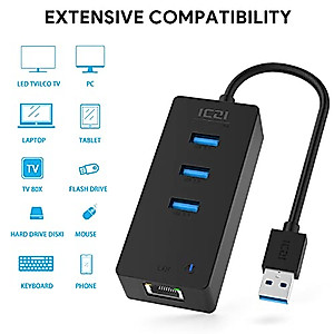 ICZI 3-Port USB 3.0 Hub with 10/100/1000 Gigabit Ethernet Adapter (RJ45 Gigabit Ethernet Converter), LED Indicator, for MacBook, MacBook Pro, MacBook Air, Surface 3/Pro 3/Pro4/Pro (2017) and More